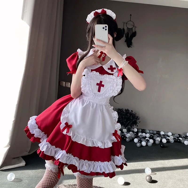 Женский готический костюм горничной Voostao Красный, XXL, Красный