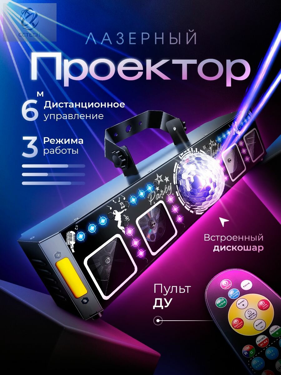 Светомузыка для дискотеки, с диско-шаром и пультом дистанционного управления,65 Вт / Стробоскоп для дискотеки