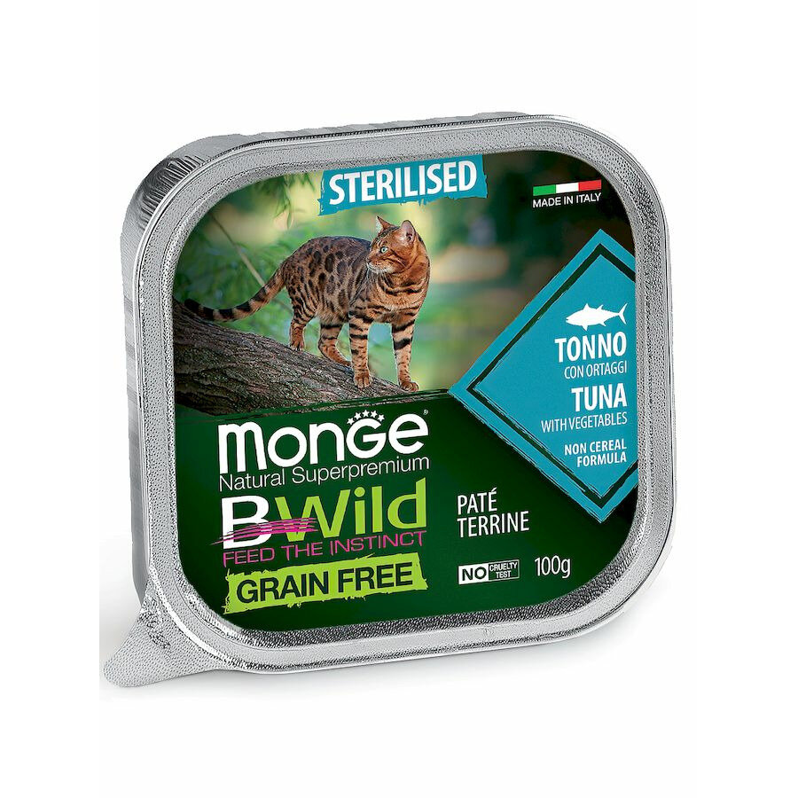 Корм для стерилизованных кошек Monge BWILD Feed the Instinct, беззерновой, с тунцом, с овощами 100 г (паштет)32шт.