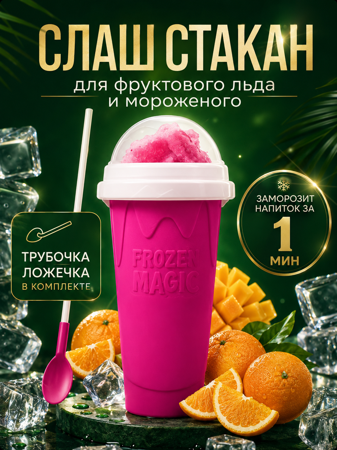 Cтакан для мороженого и заморозки напитков, Слаш стакан c трубочкой для фруктового льда и мороженого, Розовый