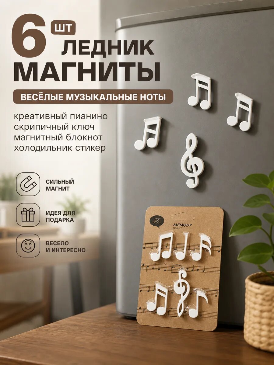 Магниты для холодильника "Музыкальные ноты" 6 шт.