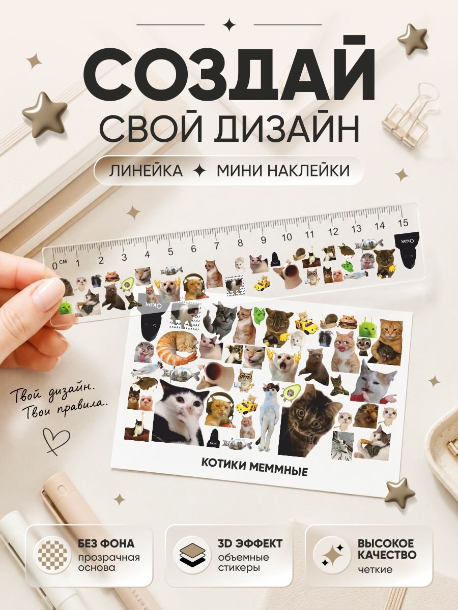Линейка 15 см и мини наклейки мемные котики