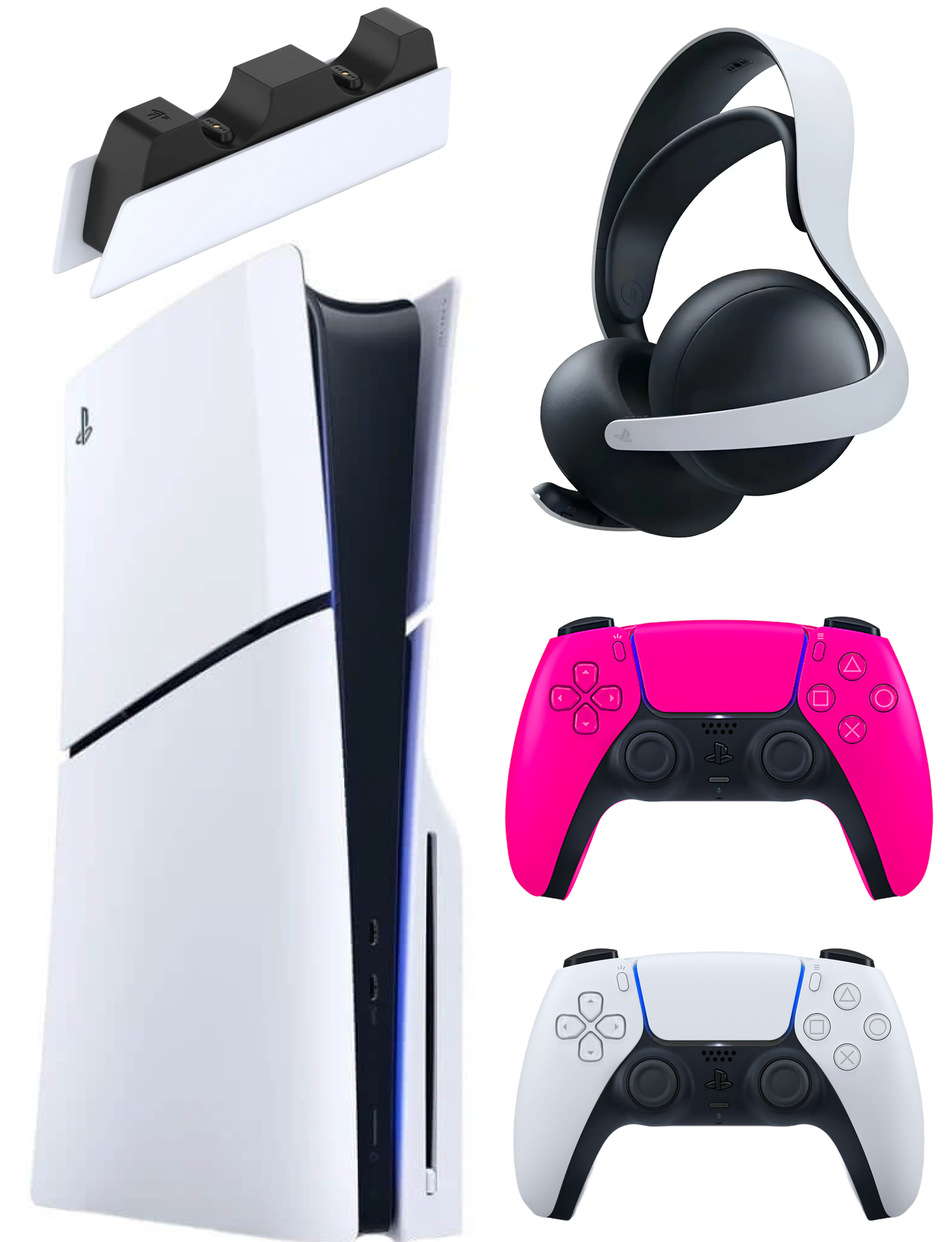 Игровая приставка Sony PS5 Slim Disc 1TB (c дисководом)+2-ой геймпад+зарядная станция и наушники Pulse Elite White