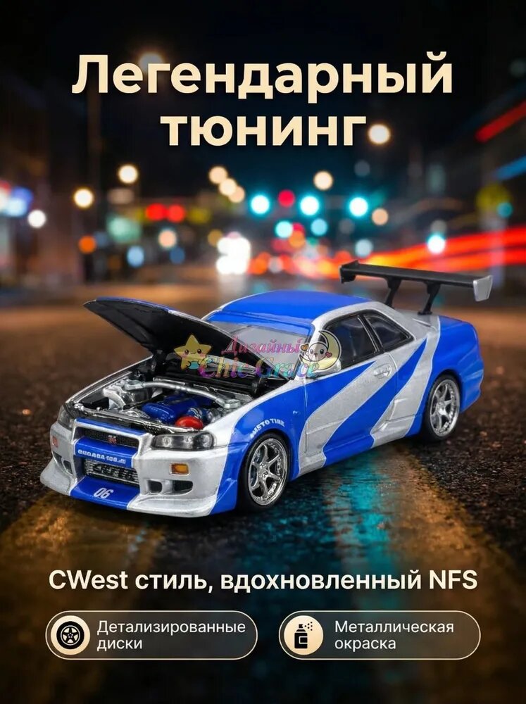 Коллекционная модель Nissan Skyline GT-R R34 тюнинг C-West ливрея из Need for Speed 1:64 металлический кузов серебристо-синий