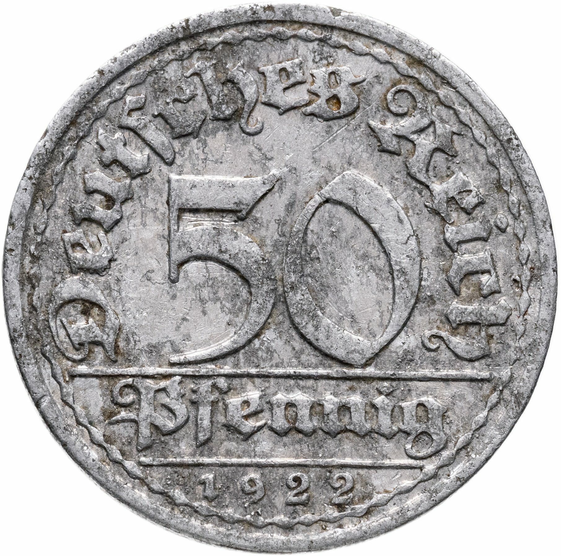 Германия, Веймарская республика 50 пфеннигов pfennig 1922, знак монетного двора "J" — Гамбург, Алюминий, в сохранности F