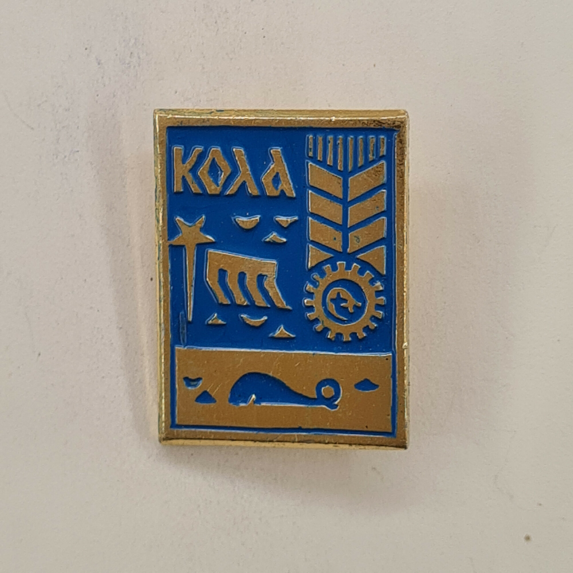 Значок СССР. Кола, север, рыба, колос, шестерня. Винтажный значек.