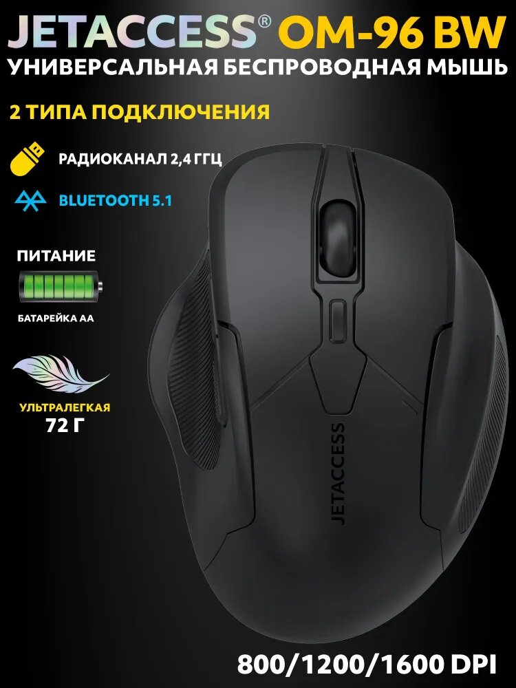 Беспроводная мышь PANTEON JETACCESS OM-96 BW Black 1600DPI, 6 клавиш