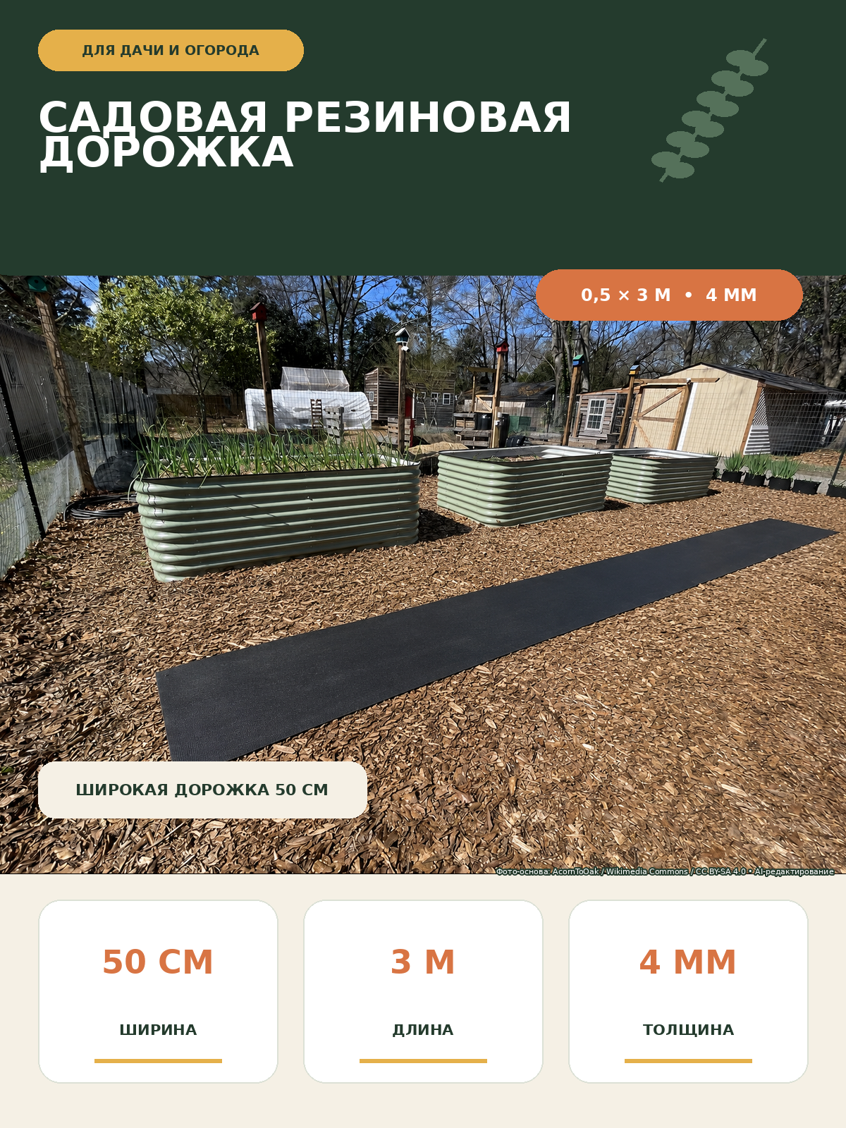 Садовые резиновые дорожки для дачи 0.5х3м 4мм, антискользящая