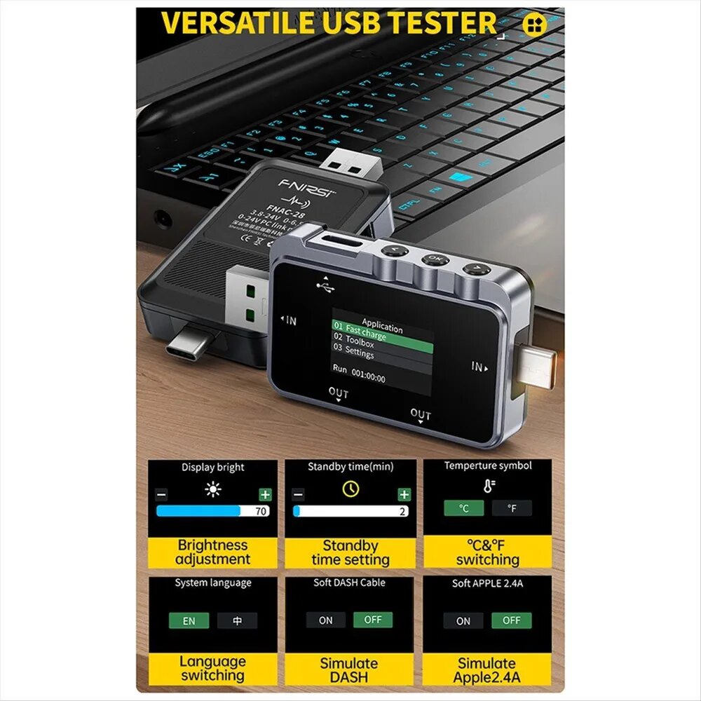 Тестер USB FNAC-28 Type-C, измеритель тока и напряжения, определение протокола быстрой зарядки, запуск питания от сети A до сети C.