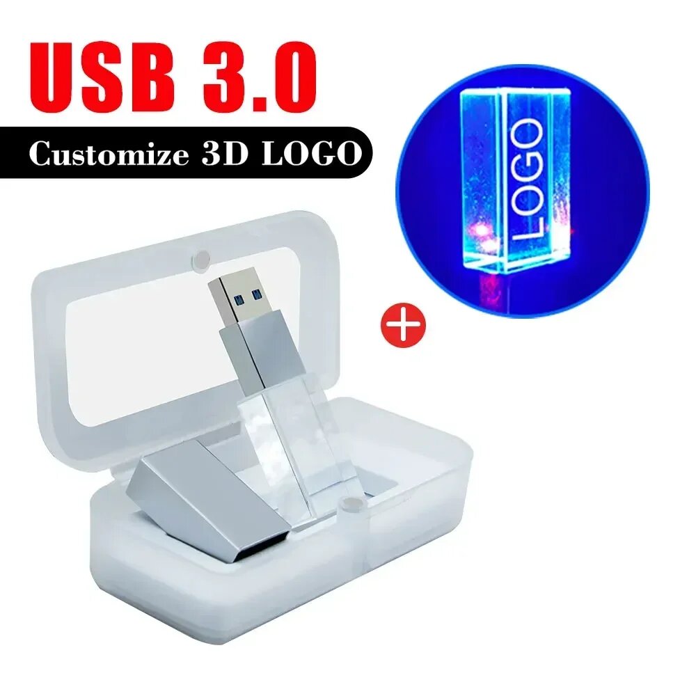 USB-флешка JASTER LED Crystal 3.0 128 ГБ 128 ГБ, Silver-blue LED