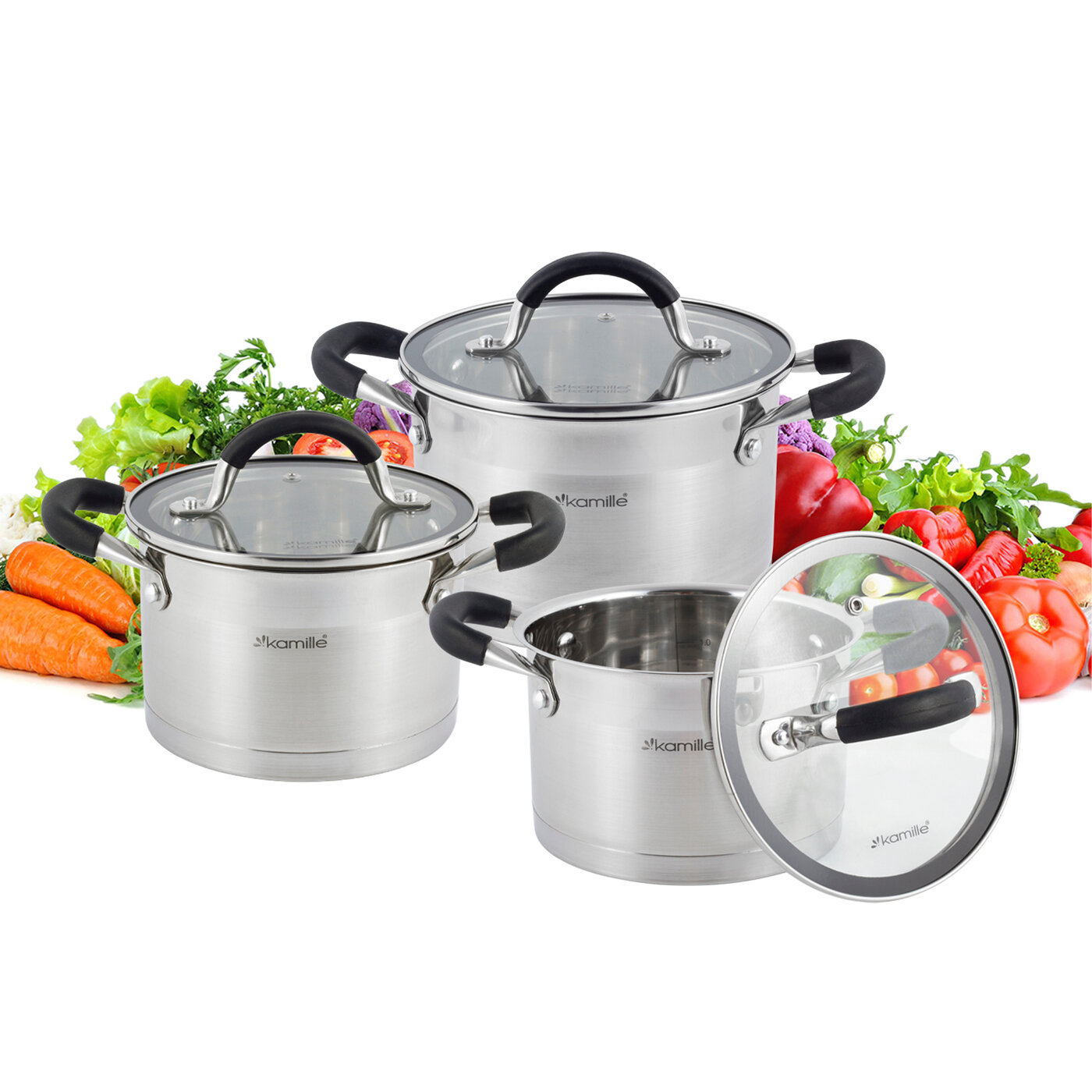 Набор кастрюль 6 предметов из нержавеющей стали Kamille KM 5752 (2,0 л; 2,7 л; 3,7 л) с силиконовыми вставками на ручках (серебристый)