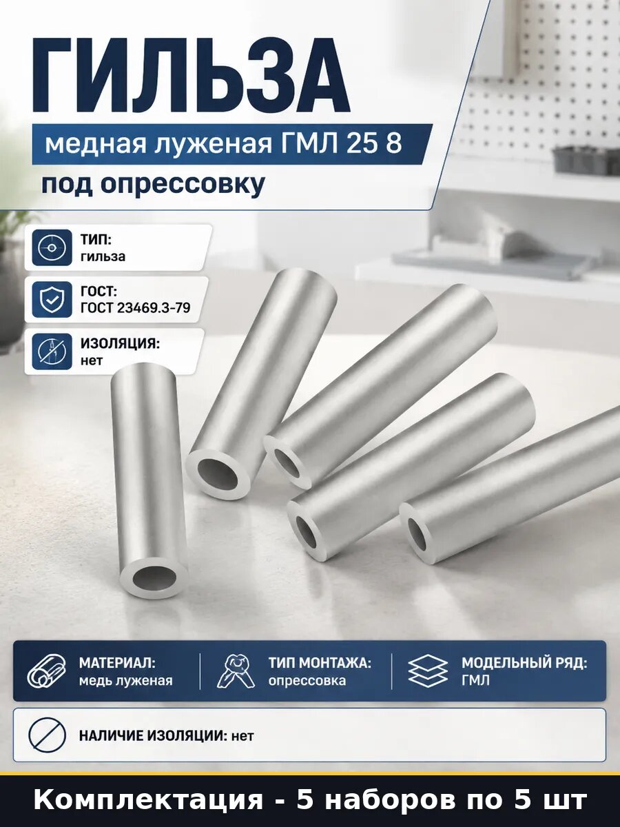 Гильза медная луженая 25 мм2 для кабеля под опрессовку 5 шт