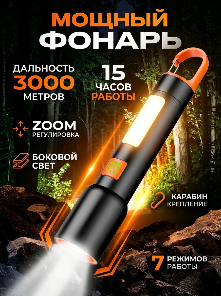 Фонарь лазерный аккумуляторный ручной с боковым светильником и Power Bank с карабином
