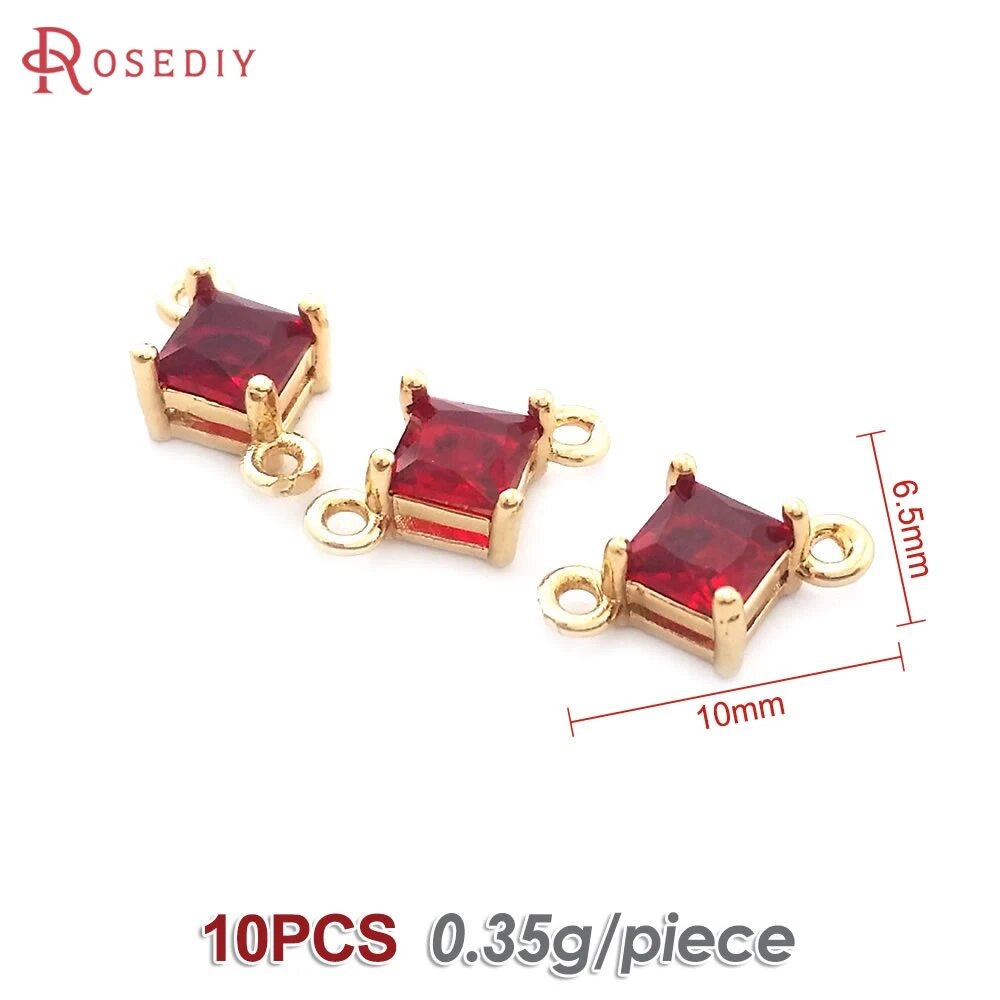 Подвески-коннекторы Rosediy 10 шт, квадратные, латунь, цирконий, золотистого Красный, 37437-Red