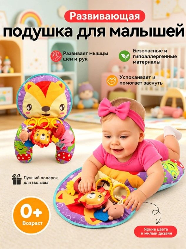 Подушка для раннего развития ребенка с игрушками и звуковыми эффектами, подходит обучения поднимать голову в положении лежа, качестве подарка