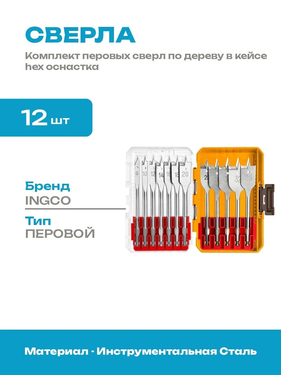Набор перовых сверл по дереву 12 шт 8-32 мм из стали в кейсе