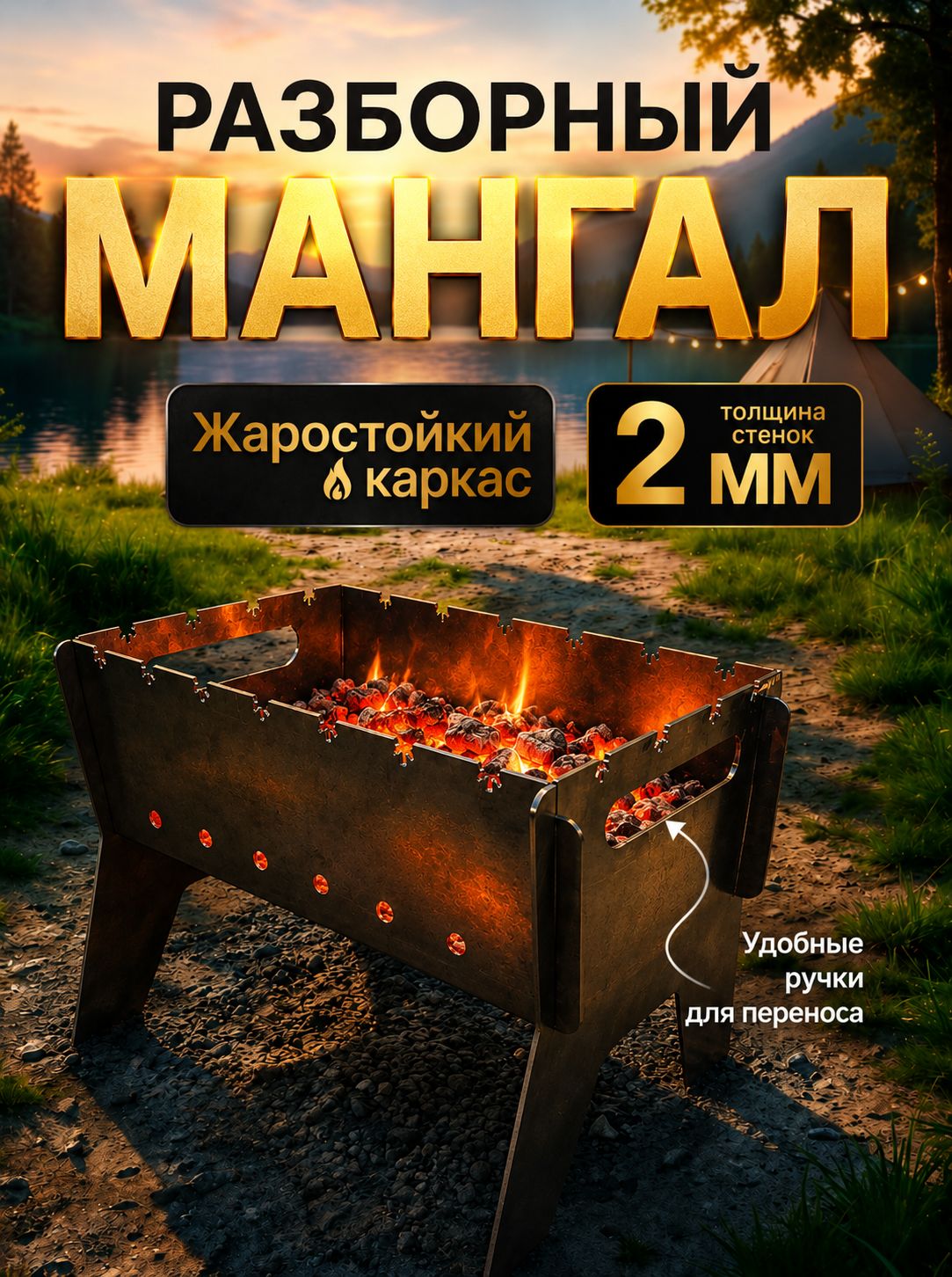 Мангал складной разборный 2 мм металлический походный для шашлыка и дачи