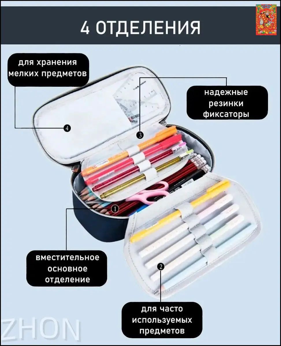 Пенал школьный темно-синий с надписями для детей, практичный органайзер для канцелярии — фото 1