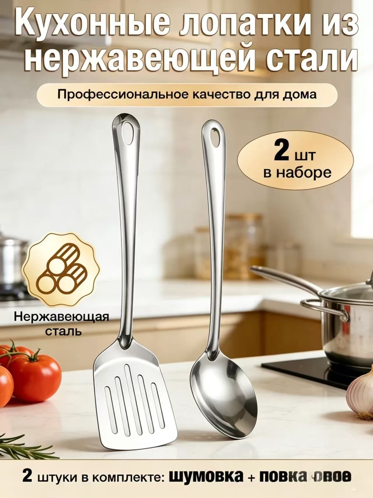 Набор из 2 шт шумовка и плоская кухонная лопатка из нержавеющей стали для снятия пены