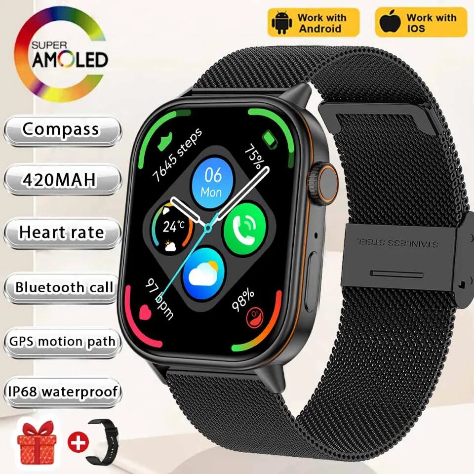Умные часы Super AMOLED, черные, с сетчатым ремешком