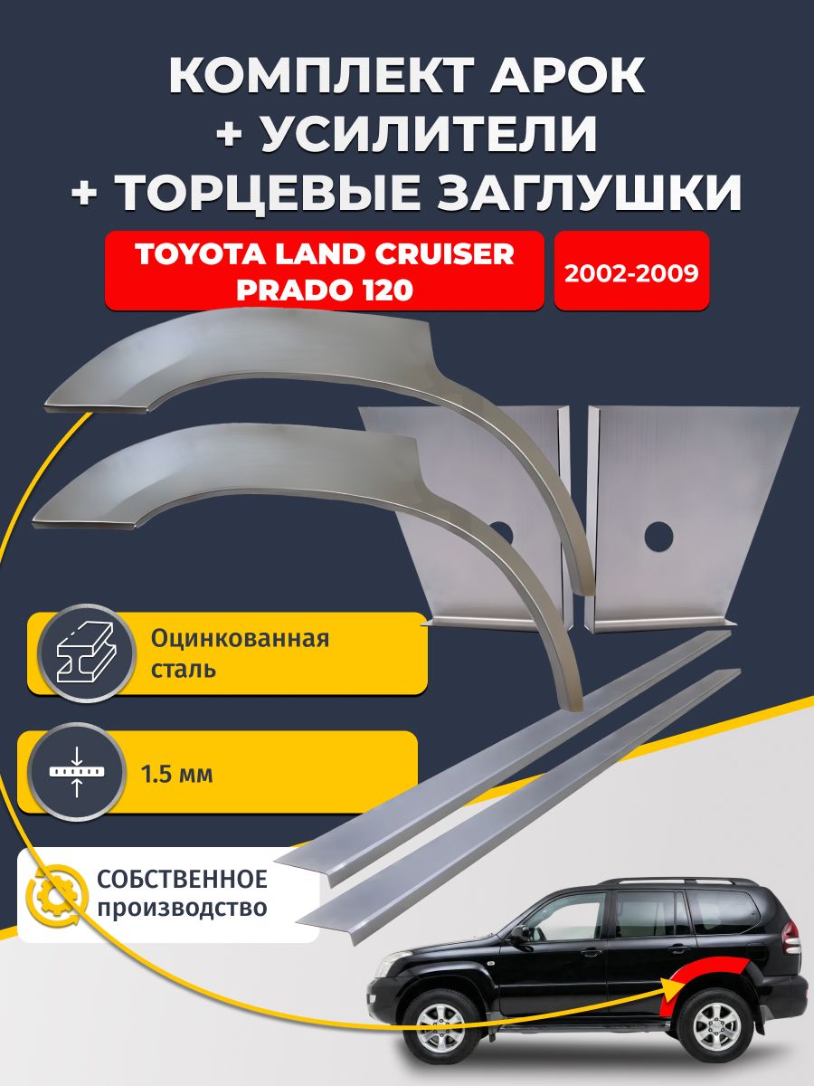 Комплект ремонтных задних арок (0,8 мм) + торцевые заглушки (1,5 мм) + усилители (1,5 мм) на Toyota Land Cruiser Prado 120 2002-2009 (Тойота Ленд Крузер Прадо). Оцинкованная сталь