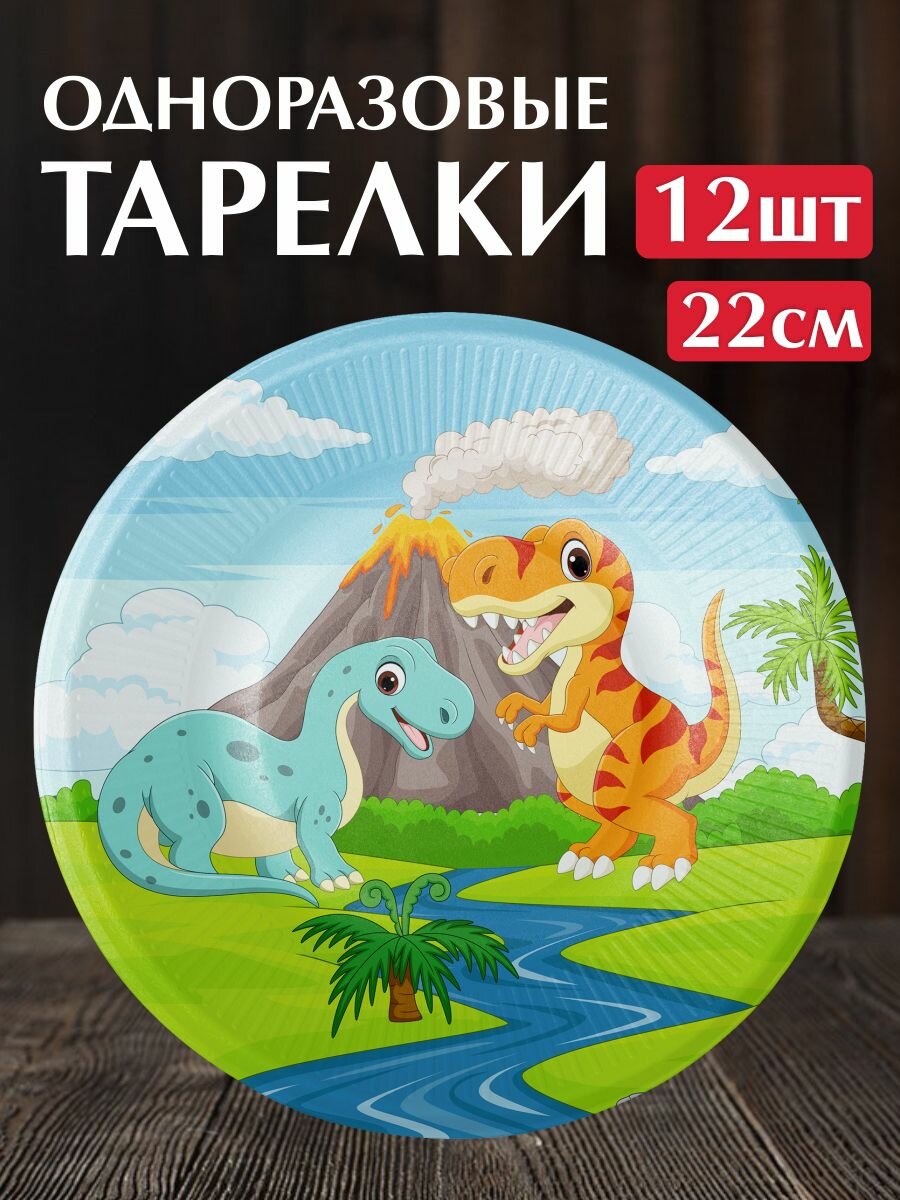 Одноразовые тарелки для детского праздника на день рождения "Динозавры". Набор 12 штук. Сервировка праздничного стола.