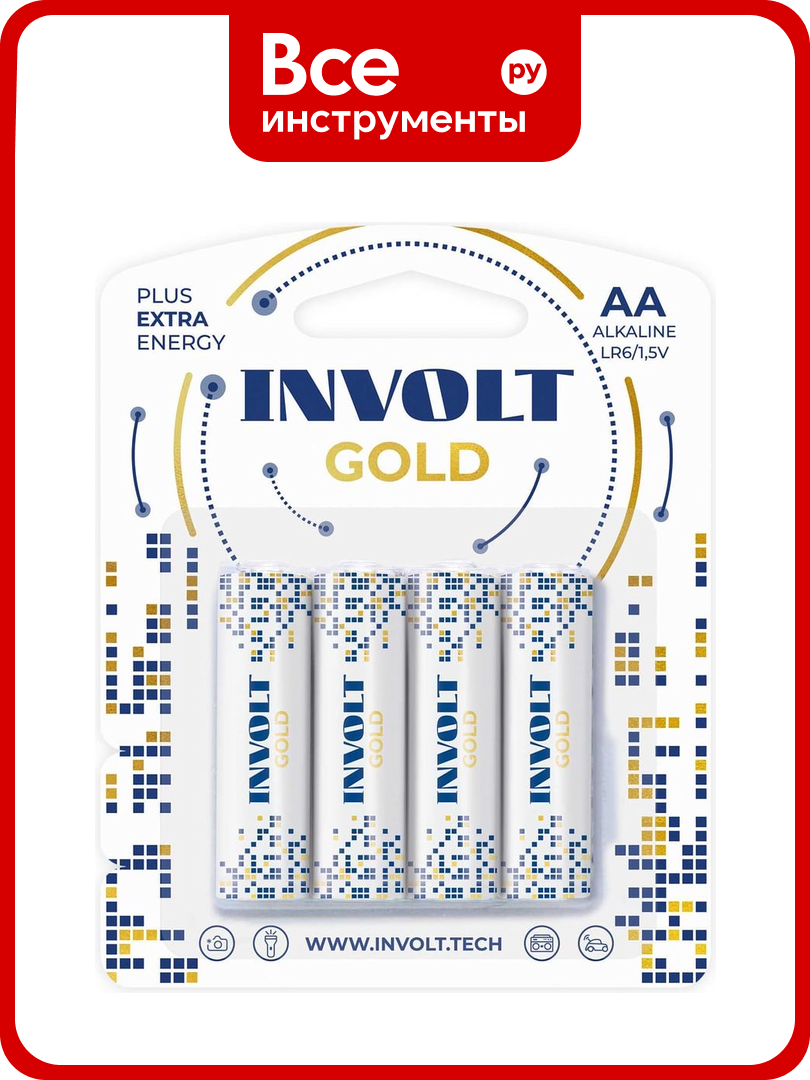 Батарейки INVOLT GOLD AA (LR6) 4B щелочные алкалиновые элементы повышенной ёмкости, обеспечивающие длительный срок