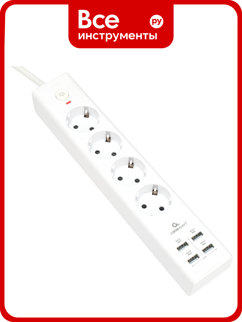 Сетевой фильтр Cablexpert exnovo, 4р, 16а, 4хusb, 3.4a, 2м, ур. защиты 4+, белый, коробка