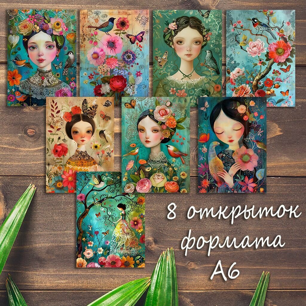 Большой набор открыток Девушки и цветы, 8 штук