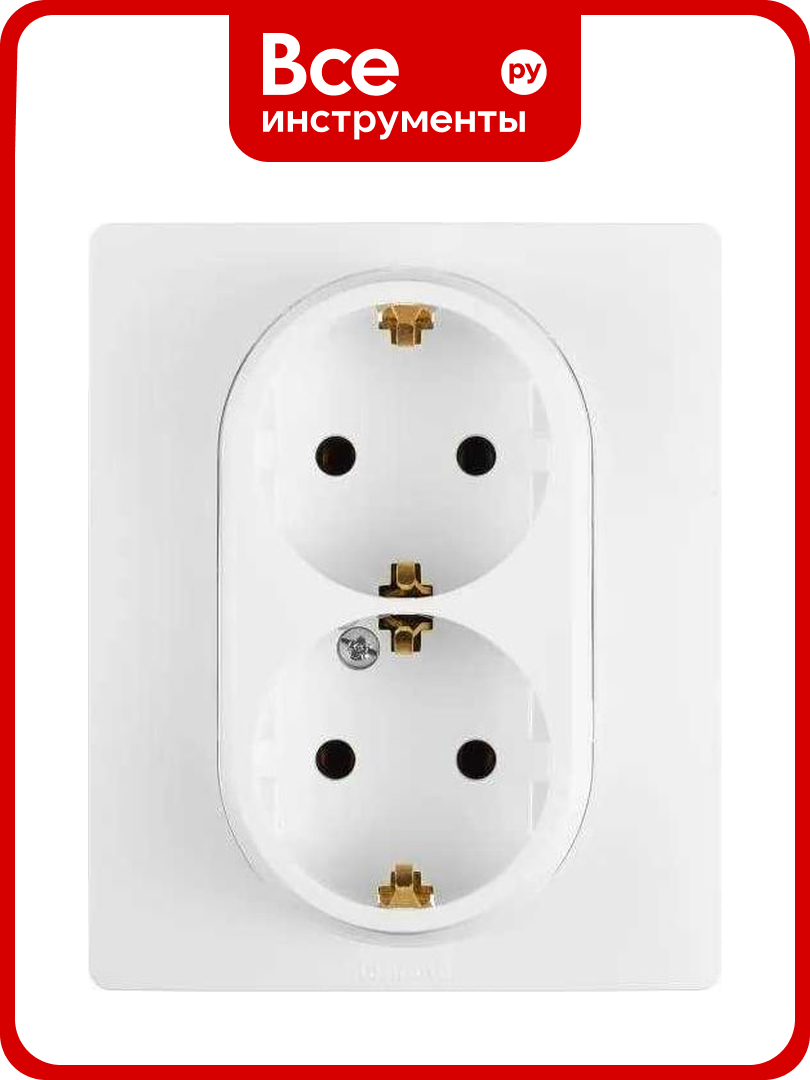 Розетка двойная с заземлением Legrand Etika без шторок, в сборе, 16А, 250В, винтовые зажимы, белый 672272