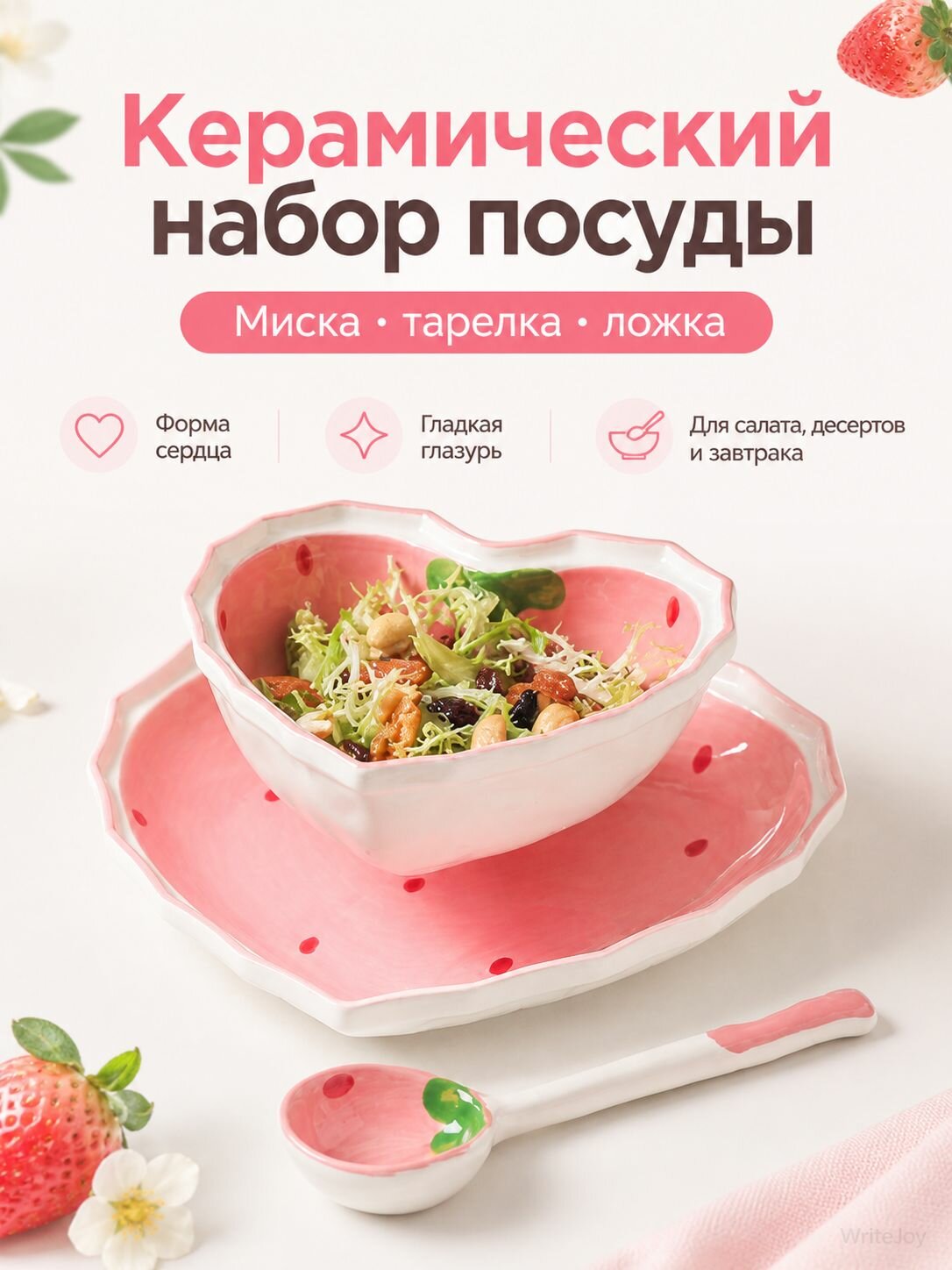 Миска Миска+тарелка+ложка (3 шт.) розовый, 3 шт набор посуды комплект