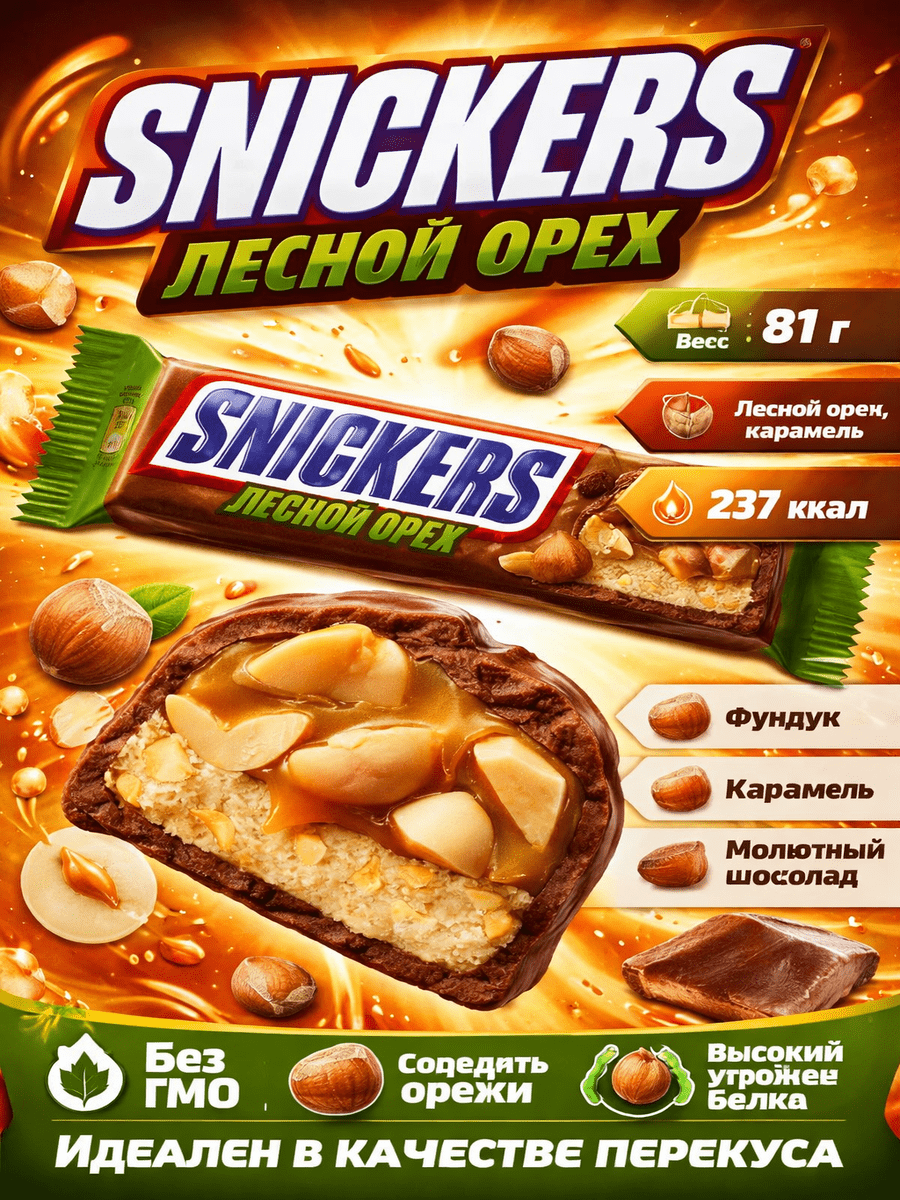 Батончик шоколадный Snickers Лесной Орех, 81г