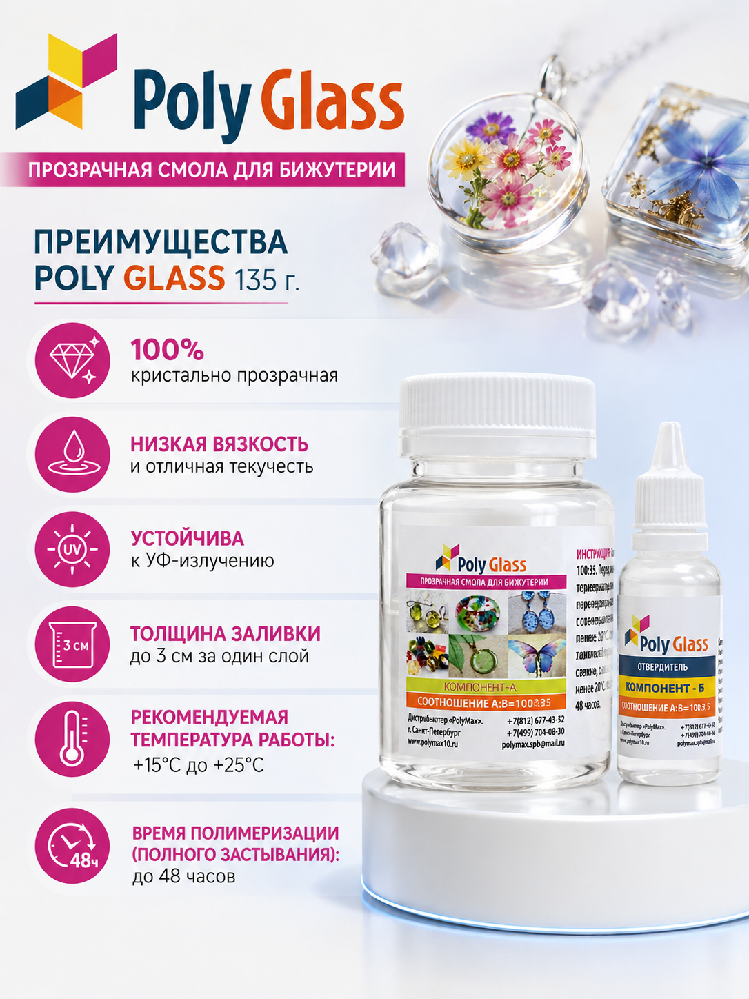 Прозрачная эпоксидная смола Poly Glass 135 г. для творчества, устойчивая к УФ