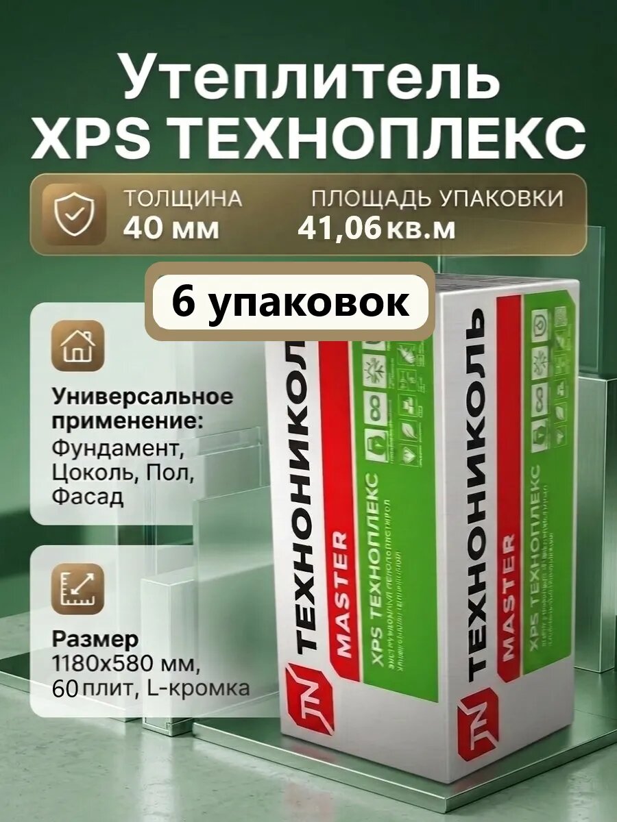 Утеплитель Техноплекс 40 мм, 6 упаковок, 60 листов, экструзионный пенополистирол