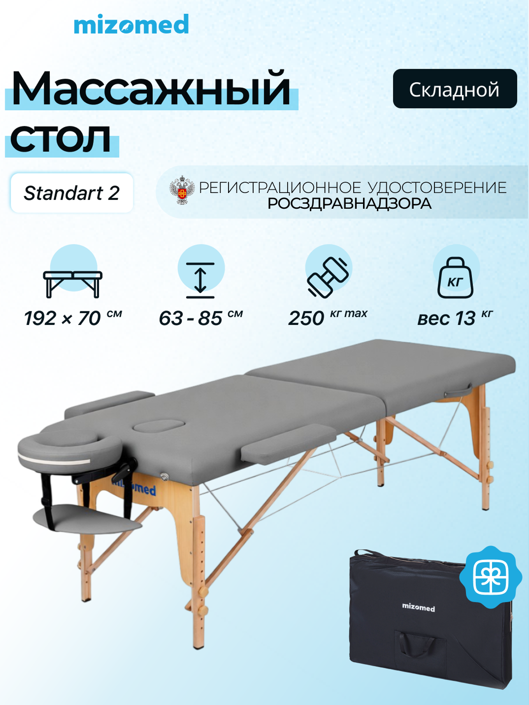 Стол массажный медицинский Mizomed Standart 2, ширина 70 см, с РУ, серый