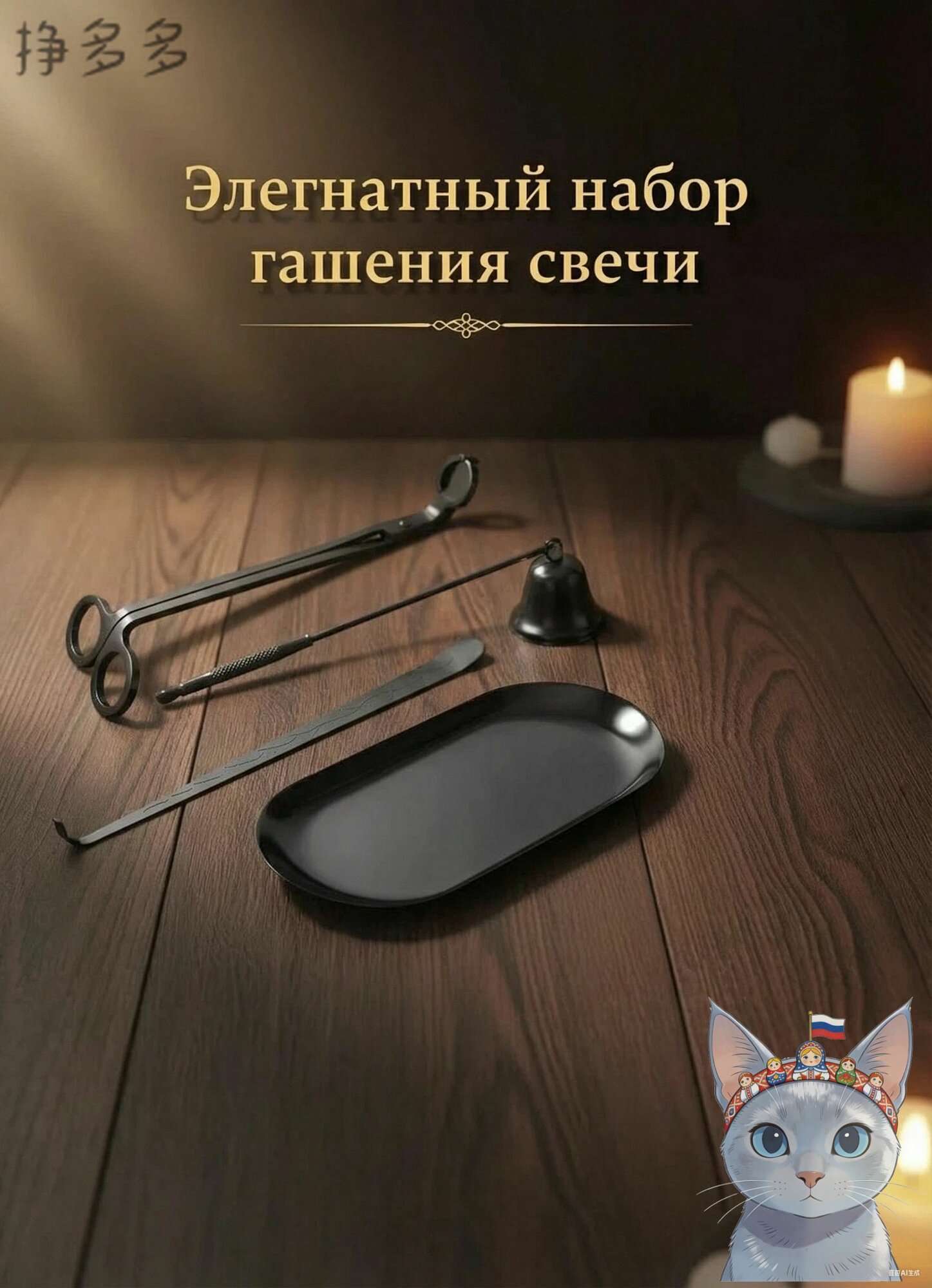 Гаситель для свечей, Набор: пламягаситель, ножницы