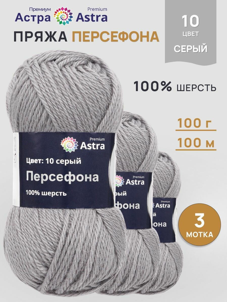 Пряжа для вязания Astra Premium 'Персефона' 100, 100м (100% шерсть) (10 серый), 3 мотка