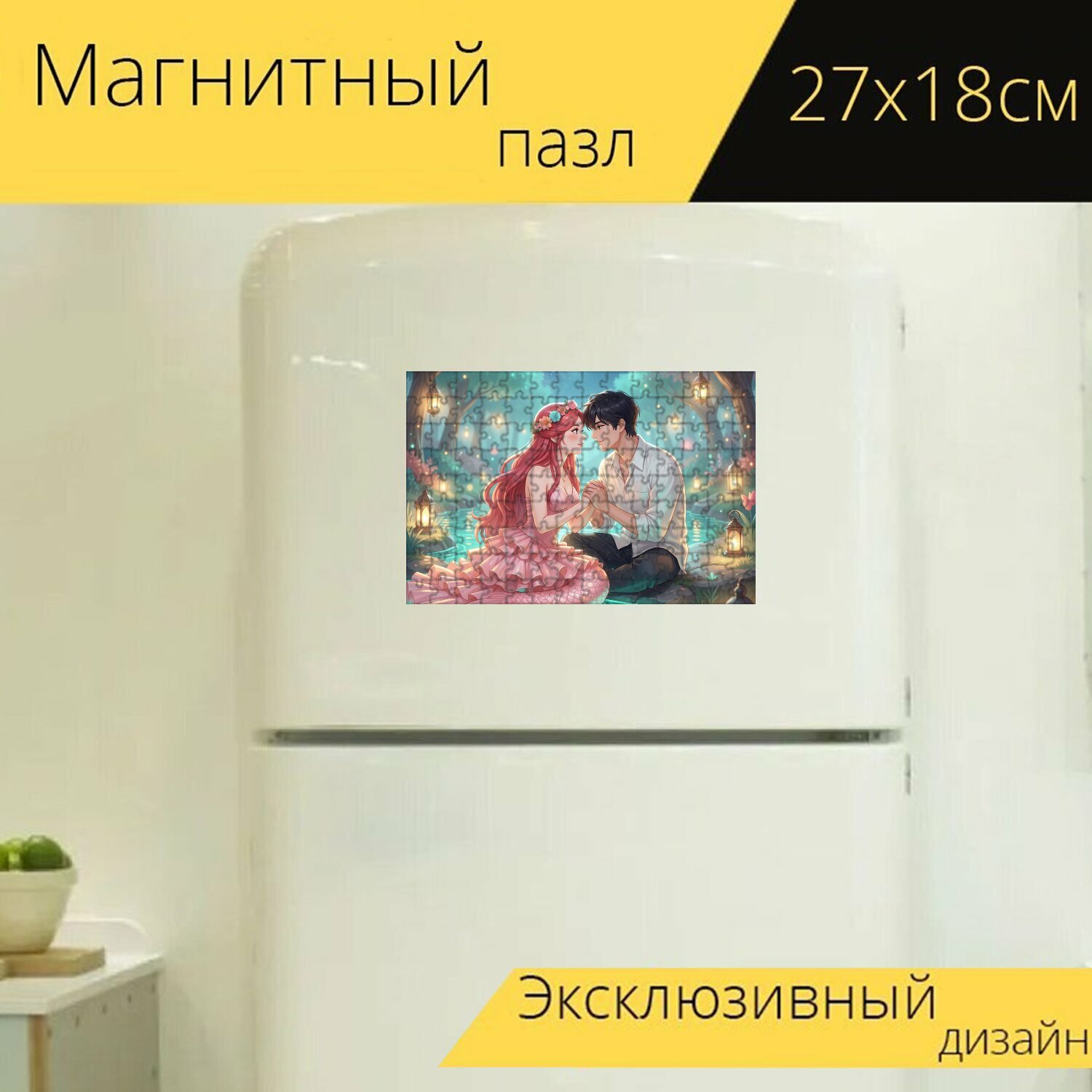 Магнитный пазл "Лунная встреча в лесу. Романтичный аниме-арт: русалка с розовыми волосами и темноволосый парень держатся за руки у бирюзового ручья." на холодильник 27 x 18 см.