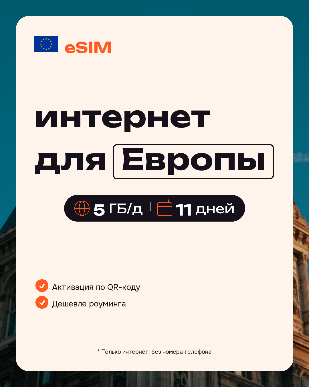 Туристическая eSIM для интернета в Европе — 5 ГБ/день на 11 дней. Виртуальная сим-карта для Европы