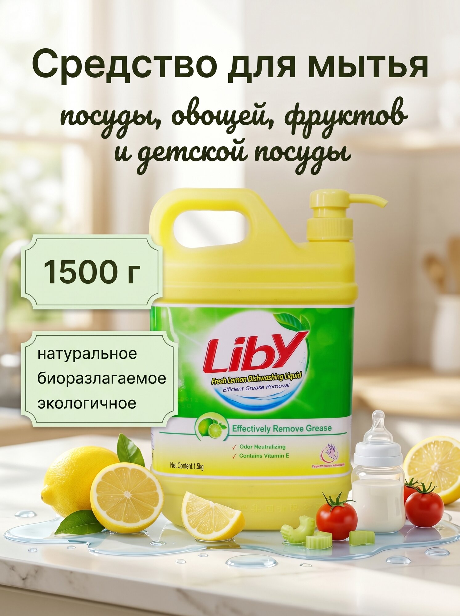 Средство для мытья посуды Liby Чистая посуда Лимон, 1500 г