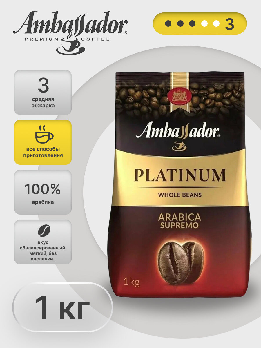 Кофе в зёрнах Ambassador Platinum - 1 кг. арабика, натуральный