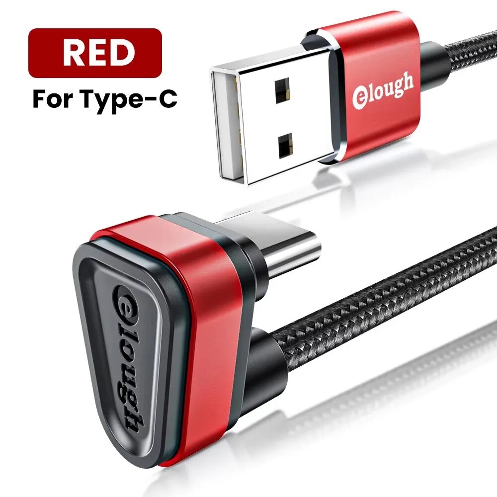 Кабель зарядный Elough USB Type-C с углом 90 градусов для Samsung S9 S10 Xiaomi Redmi 1 м, Red