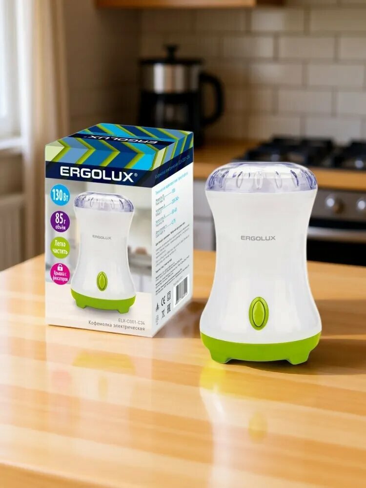 Кофемолка электрич. ELX-CG01-C34 130Вт 220-240В 85г бел./салат. код 13977 Ergolux 1шт.
