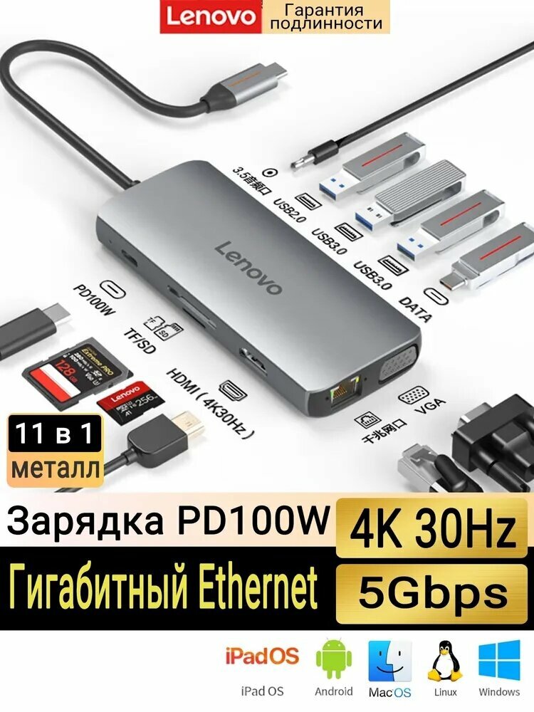 Lenovo USB Концентратор Разветвитель хаб Переходник HUB DOCK LX0801MAX 11B1 USB-type c to HDMI/VGA/RJ45/PD3.0 100W/USB3.0*2/USB2.0*1/USB-C DATA/SD/TF/3,5-мм аудиоразъем
