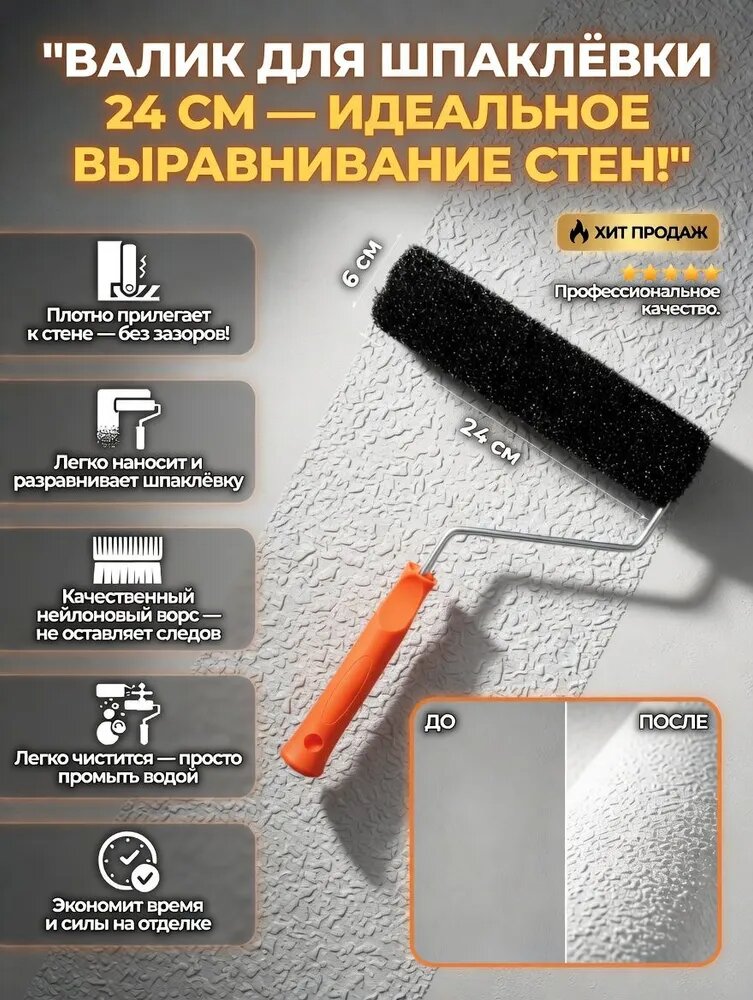 Валик для шпаклевки 24 см для стен и выравнивающих смесей, малярный инструмент