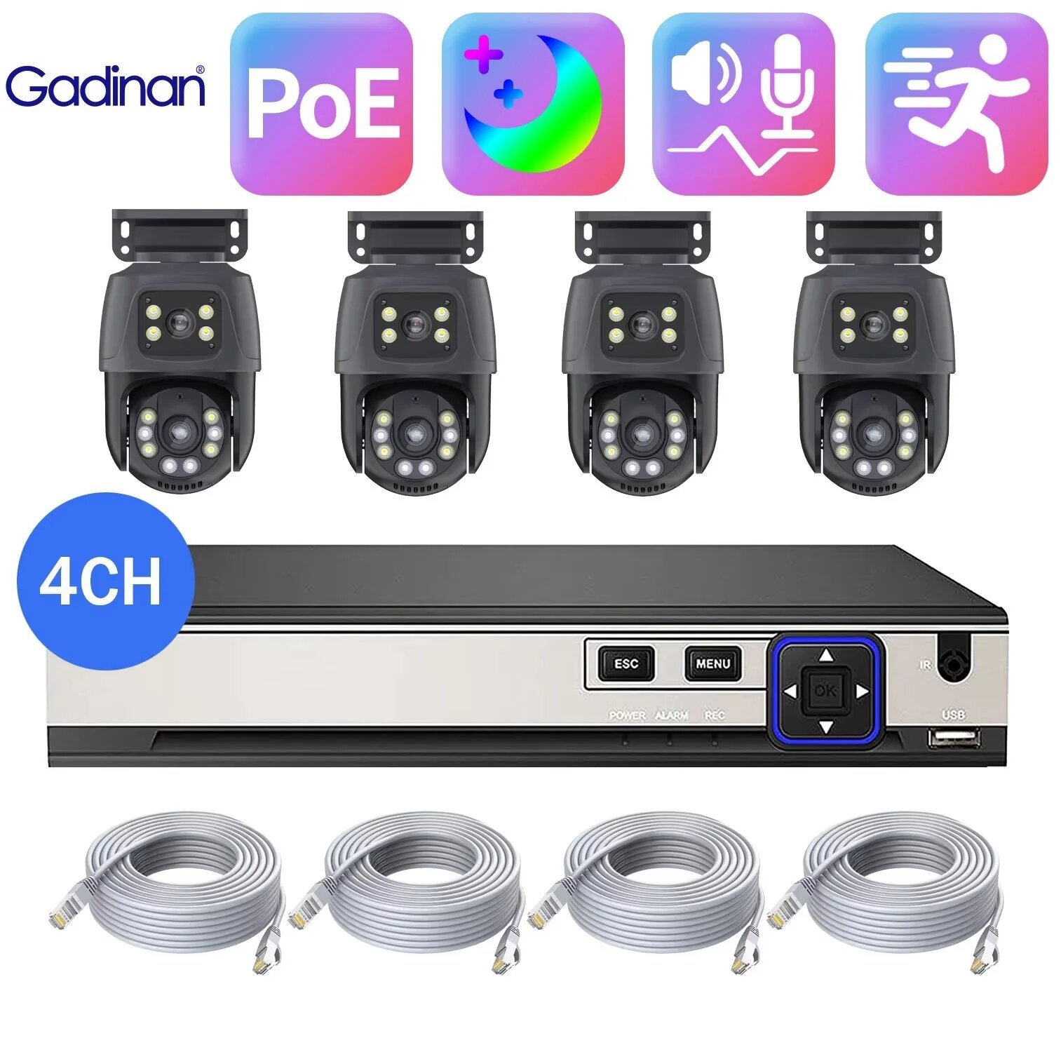 Набор для видеонаблюдения Gadinan Outdoor PTZ NVR с камерами безопасности 6MP POE с двойными объективами и двухсторонним аудио