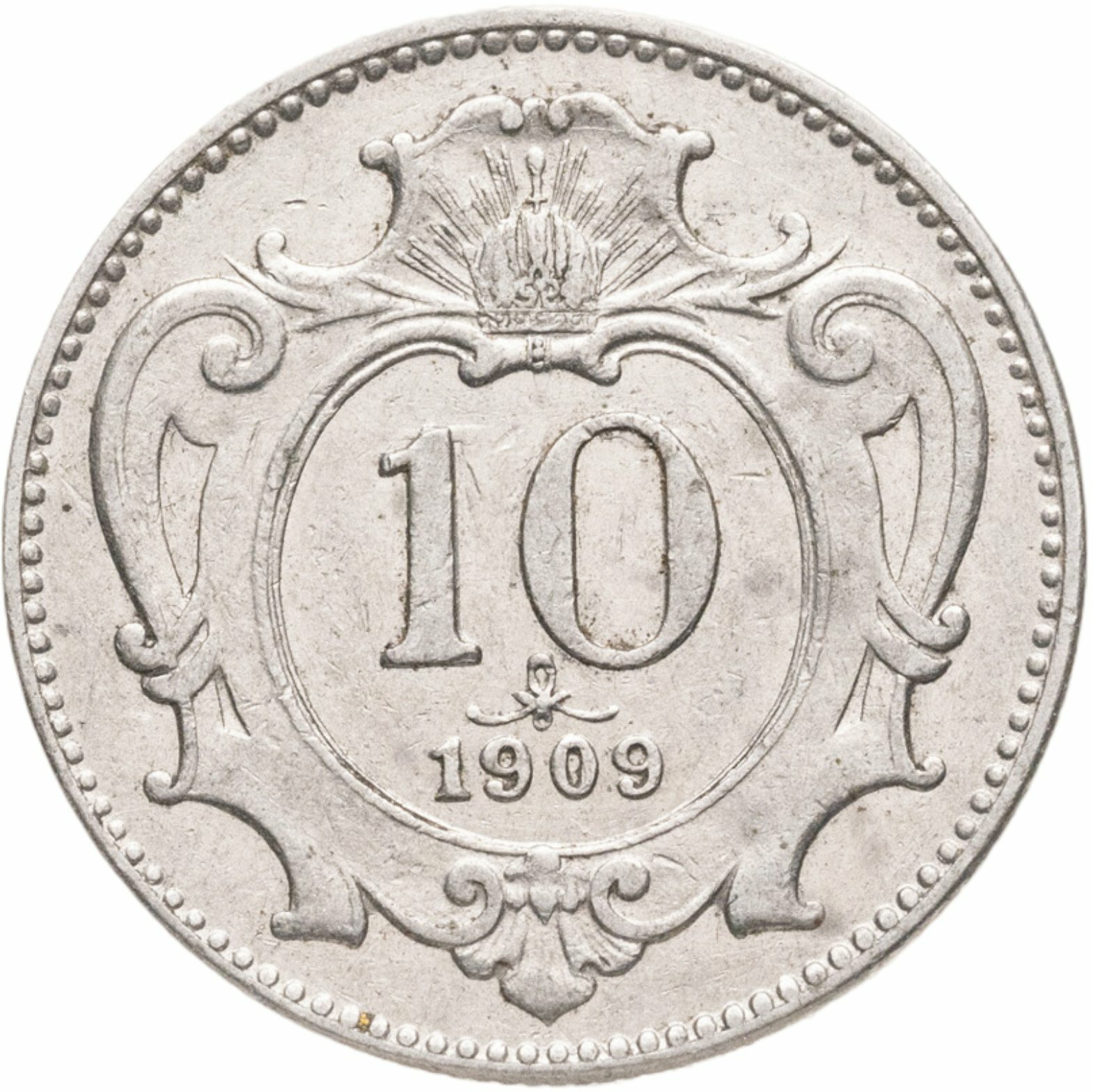 Австрия 10 геллеров 1909, Никель, в сохранности XF