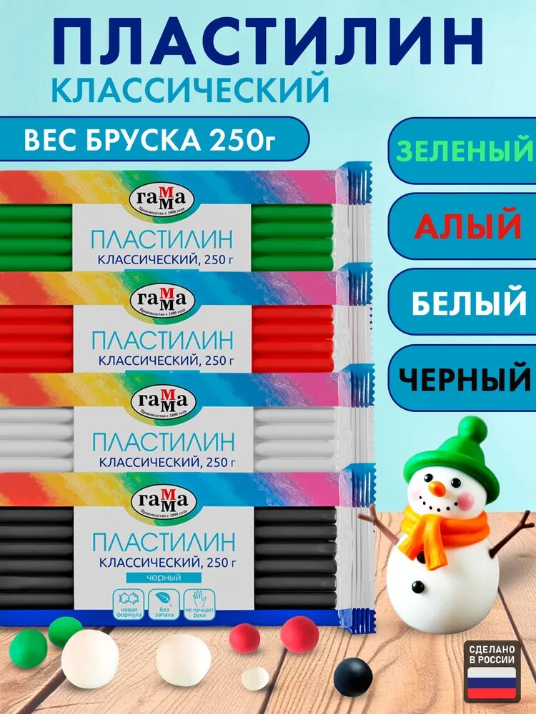 Гамма Пластилин "Классический", комплект 4 цвета по 250гр