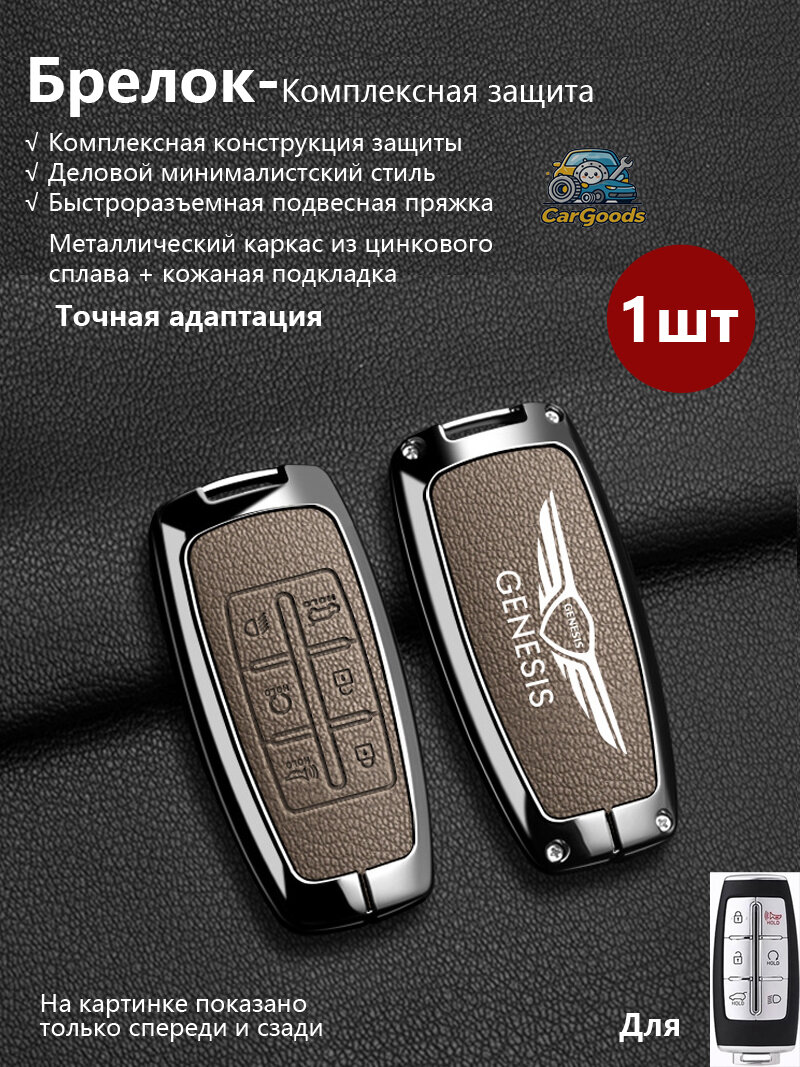 Чехол для ключа Genesis G80 RG3/GV70 JK1/GV80 JX1 2020-2025, 6 кнопок, цинковый сплав + кожа, пистолетный цвет, 4 цвета кожи