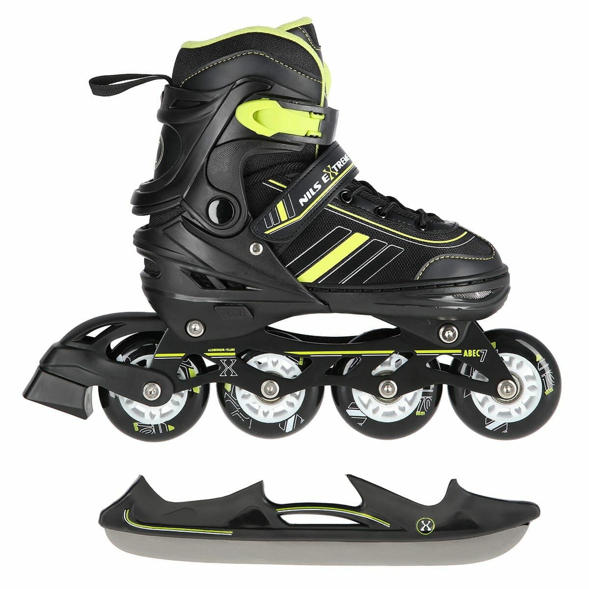 DECATHLON роликовые коньки со сменным хоккейным лезвием nils extreme NH18191 2в1, черный/зеленый, размер 34/38